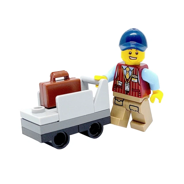 LEGO® TRAIN MINIFIGURE Porter & Trolley Railway Station Worker Ticket ...
