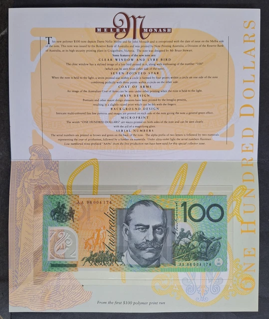 1996 AUSTRALIA $100 Fraser Evans 1st Polymer Banknote NPA Folder Red ...