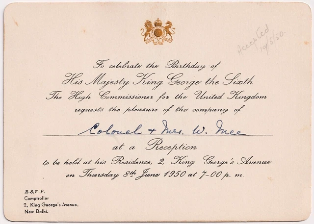 GENUINE KING GEORGE VI Sixth Birthday Invitation Card New Delhi India ...