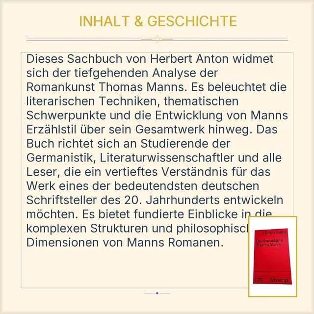 DIE ROMANKUNST THOMAS Manns Herbert Anton UTB Schöningh EUR 3,95 ...