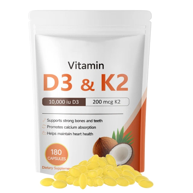 VITAMIN D3 10000 Lu Plus K2 (MK-7) 200 Mcg, 180 Virgin Coconut Oil ...