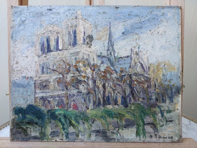 PETITE PEINTURE PANNEAU Cathédrale Notre-Dame De Paris Signé Alice ...