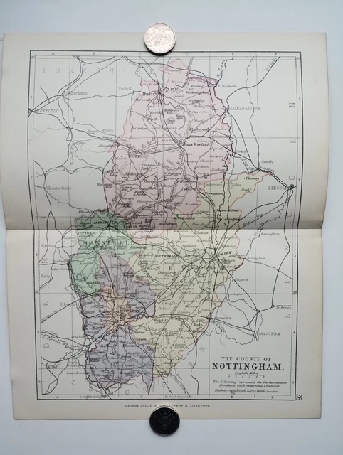 ANTIQUE COUNTY MAP of NOTTINGHAMSHIRE - Phillips Handy Atlas , 1887 £24 ...