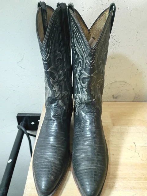DAN POST LIZARD Skin Almond Toe Black Cowboy Boots Size 11 D **Vintage ...