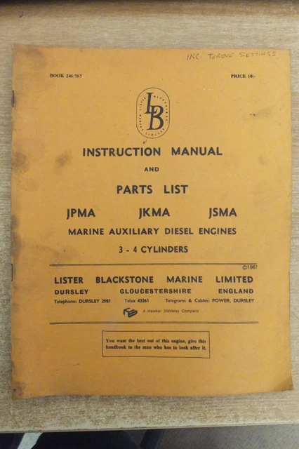 LISTER JPMA JKMA JSMA diesel auxiliary marine engine instruction manual ...