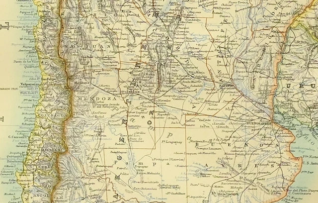 1891 MAPPA ANTICA South America Del Sud Falkland Islands Patagonia ...