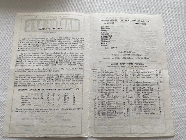 MARINE V LEEK Town Football Programme - Cheshire League - 19th January ...