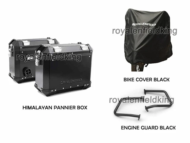 ROYAL ENFIELD HIMALAYAN Black Pannier Boxes, Bike Cover Black & Engine ...