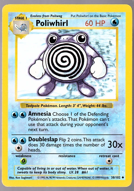 POLIWHIRL SHADOWLESS 38/102 Base Set Pokemon TCG Card 1999 LP $19.89 ...