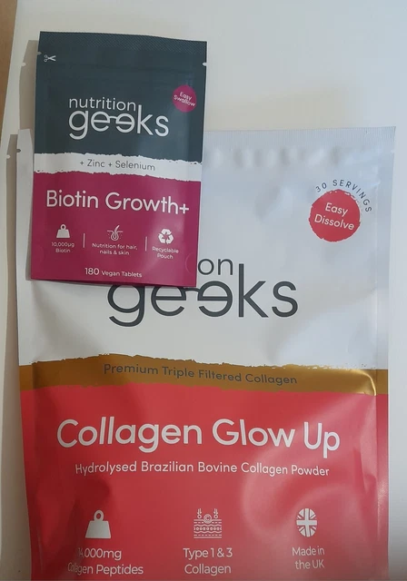 NUTRITION GEEKS COLLAGEN Glow Up 30 servings Plus Biotin Growth+ 180 ...