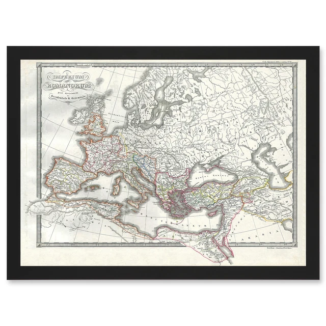 ROMAN EMPIRE DIVIDED East West Ancient Rome 1850 Vintage Map Framed A4 ...