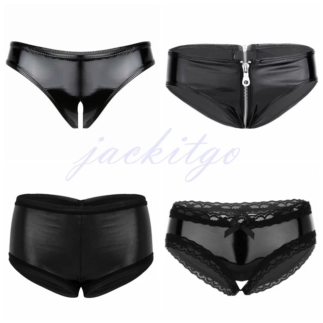 Womens Open Wet Look G String Briefs Leather Underwear Panties Thongs