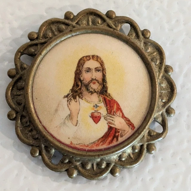 VINTAGE SACRED HEART of Jesus Medal Button Pin Fancy Filigree Edge ...