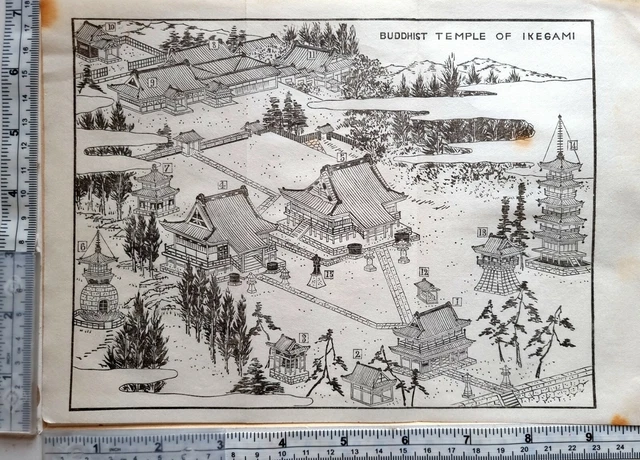 1913 JAPAN JAPANESE Tourist Map Plan Buddhist Temple Of Ikegami Shrine ...