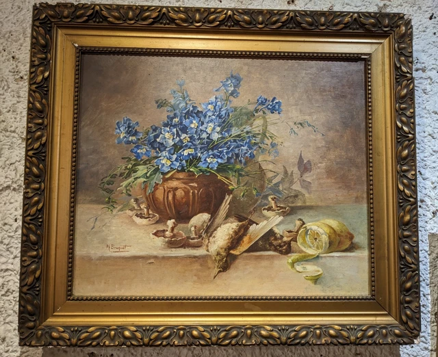 ANCIEN GRAND TABLEAU signé huile sur toile peinture nature morte cadre doré déco EUR 125,00 ...