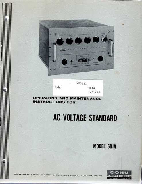 ORIGINAL KINTEL COHU AC Voltage Standard Model 601A Bedienungsanleitung EUR 21,02 - PicClick DE