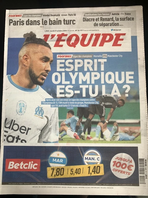 L'EQUIPE JOURNAL 27/10/2020; Ligue des champions; O.M.-Manchester City ...