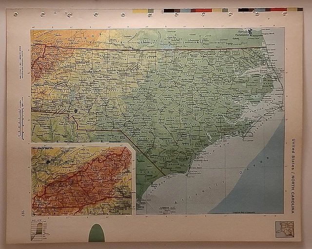 VINTAGE NORTH CAROLINA Atlas Map from a 1967 Mid-Century Modern World ...