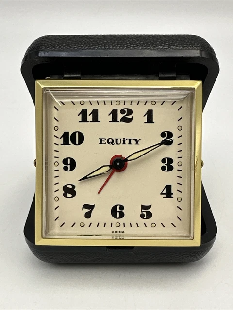 VINTAGE EQUITY FOLDING Travel Alarm analog Clock wind up black case ...