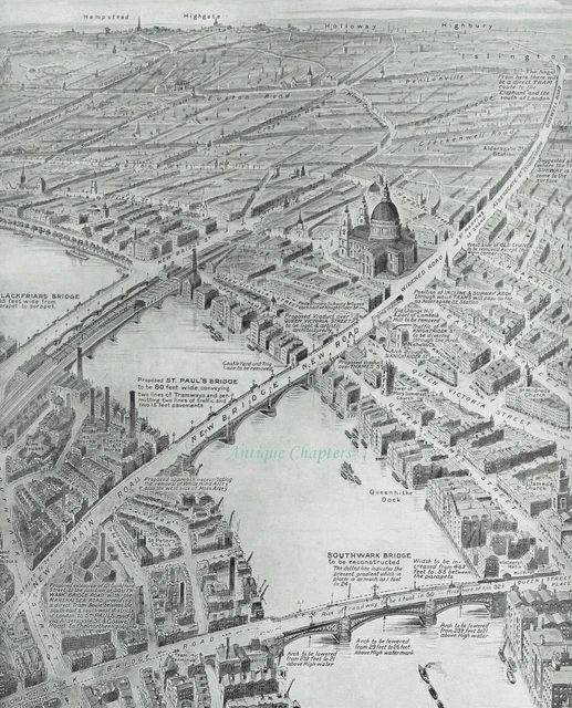 LONDON BIRD'S EYE Map Proposed New Bridge St Pauls Bridge 1909 Print ...