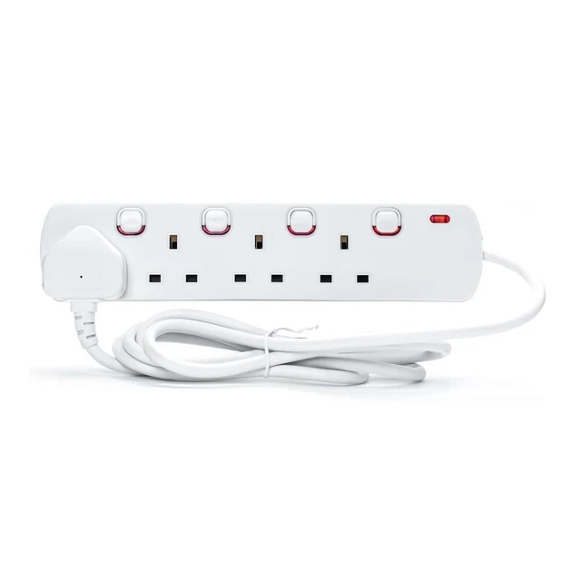 4-WAY PLUG EXTENSION Socket Cable Individually Switched With Neon ...
