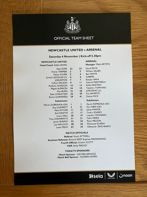 NEWCASTLE UNITED V Arsenal 04/11/2023 Premier League Format A4 Colour ...