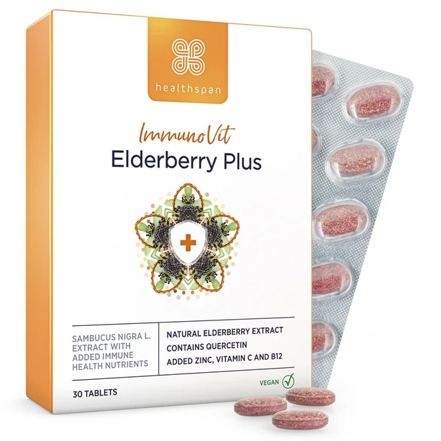 HEALTHSPAN IMMUNOVIT ELDERBERRY Plus 30 Tablets Quercetin Immunity ...