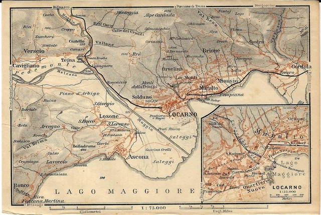 1913 OLD ANTIQUE Map LAKE MAJOR LOCARNO Old Antique Map £10.28 ...