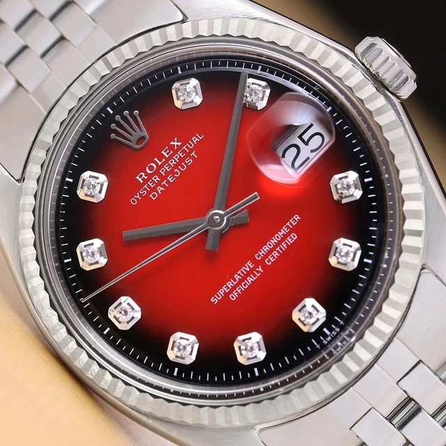 ROLEX HOMMES DATEJUST Rouge Vignette Cadran Diamant 18K Or Ss Montre W ...