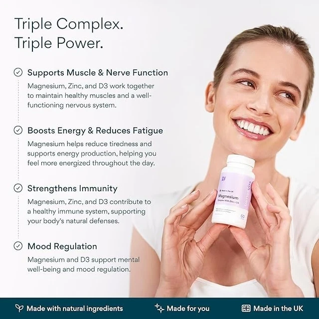 MAGNESIUM GLYCINATE COMPLEX Capsules Zinc D3 Sleep Muscle Support 60 £ ...