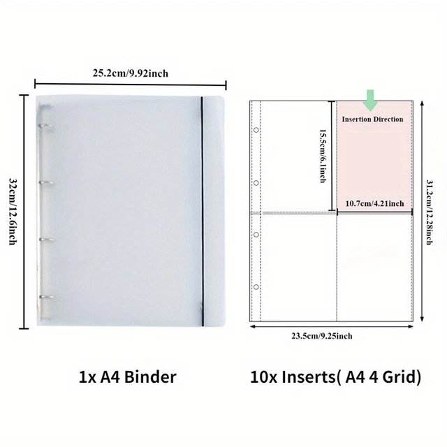 A4 PVC BINDER with 10 Clear Storage Pockets Punched Photo Album Refill ...