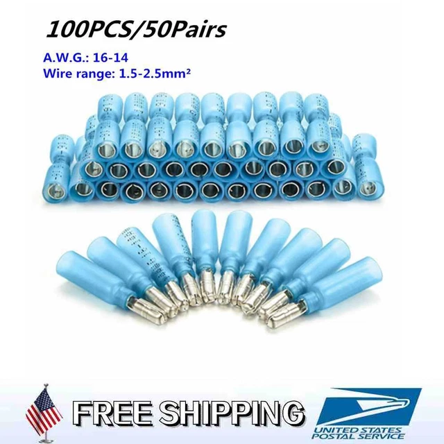 100X BLUE HEAT Shrink Bullet Wire Connector 16-14AWG Male/Female Crimp ...