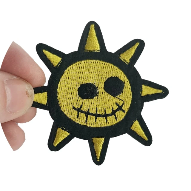 IRON ON GOTHIC Smiley Sun Face Patch Yellow Happy 6.3cm Sew Badge ...