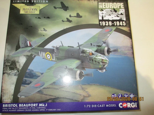 CORGI AVIATION 1:72 Bristol Beaufort Mk.i L9866 No 217 Sqn Raf St Eval ...