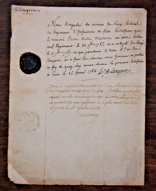 PARIS 1768 COLONEL LANGERON certificat d'honneur pour soldat regiment ...