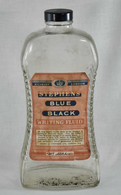 VINTAGE STEPHENS BLUE BLACK WRITING FLUID EMPTY GLASS INK BOTTLE 26cm £ ...