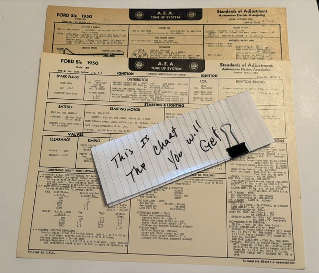 AEA TUNE-UP CHART System 1950 Ford Six Model OHA With Wiring Diagram ...