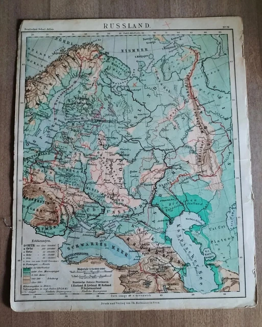 ANTIQUE MAP PHYSICAL Map Russia RUSSLAND 1890 Hofmann Lithograph in ...
