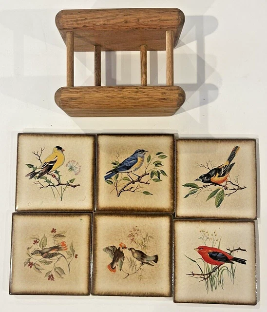VINTAGE CERAMIC TILES/COASTERS, Hand painted birds, with caddy, Made in ...
