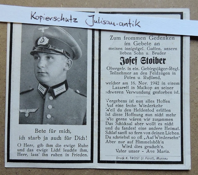 STERBEBILD WK2/ OG. Gebirgsjäger Rgt./x1942 Maikop /Murnau EUR 2,99 ...