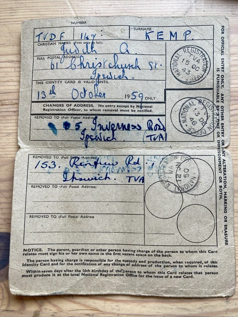 1940S NATIONAL REGISTRATION Identity Card - Judith Kemp of Ipswich £2. ...