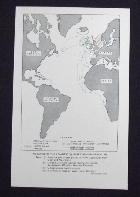VINTAGE MAP: BATTLE of the Atlantic (II) 1940-41, Royal Air Force, 1953 ...