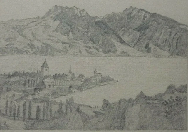 DISEGNO A MATITA SPIEZ THUNER LAGO PRIMA DEL 1910 CIRCA 21X17,5 CM Karl ...