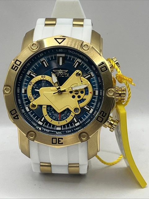 NEW INVICTA CHRONOGRAPH SCUBA PRO DIVER GOLD TONE BLUE DIAL White Band ...