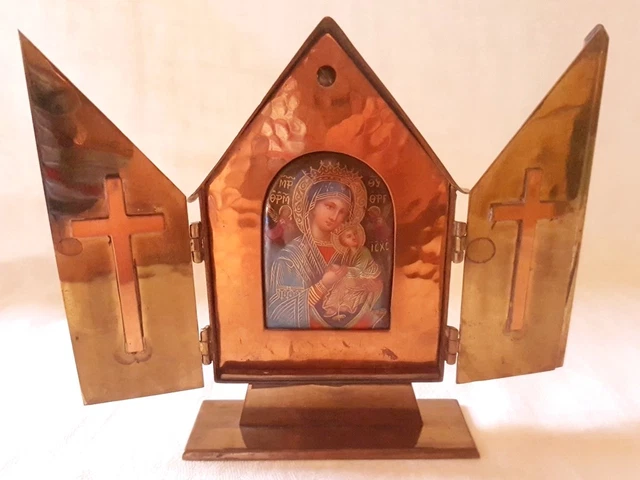 KLEINER MESSING-KUPFER TISCHALTAR mit Porzellanbild Lupenmalerei Reisealtar EUR 36,50 - PicClick DE