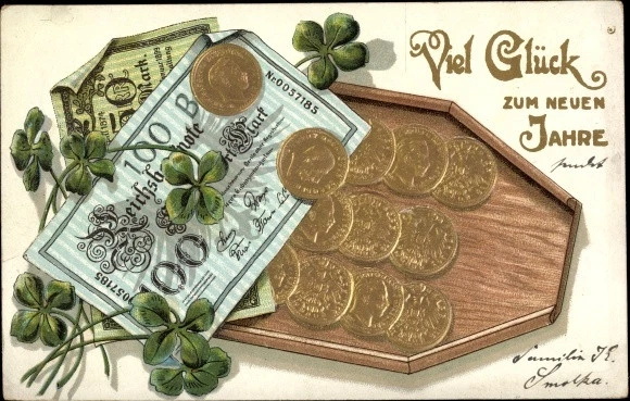 PRÄGE LITHO GLÜCKWUNSCH Neujahr, Münzen, Kleeblätter, Geldscheine - 4129600 EUR 11,40 - PicClick DE
