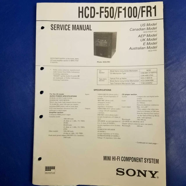 SONY HCD-F50 HCD-F100 Hcd-Fr1 Service Manual Original £23.49 - PicClick UK