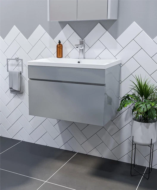 BATHROOM VANITY UNIT Grey Basin Storage Wall Hung Cabinet Furniture ...