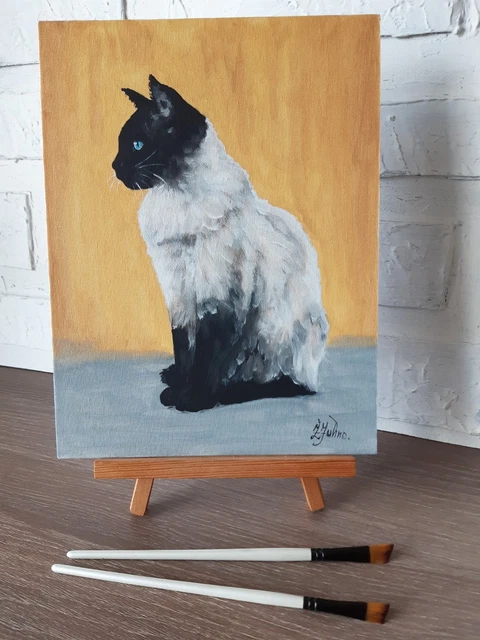 CHAT SIAMOIS PEINTURE à l'huile originale Pet Art chat yeux bleus ...