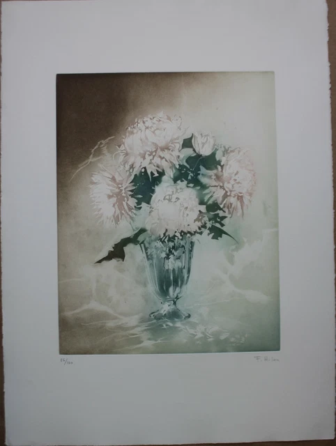 FRANCE HILON GRAVURE signée numérotée bouquet pivoines etching original ...
